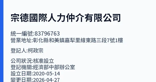 宗德國際人力仲介有限公司的照片-統編 83796763(彰化縣) 公司登記資料與營業項目詳細圖表