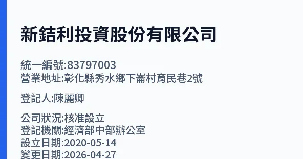新銡利投資股份有限公司的照片-統編 83797003(彰化縣) 公司登記資料與營業項目詳細圖表