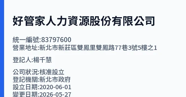 好管家人力資源股份有限公司的照片-統編 83797600(新北市) 公司登記資料與營業項目詳細圖表