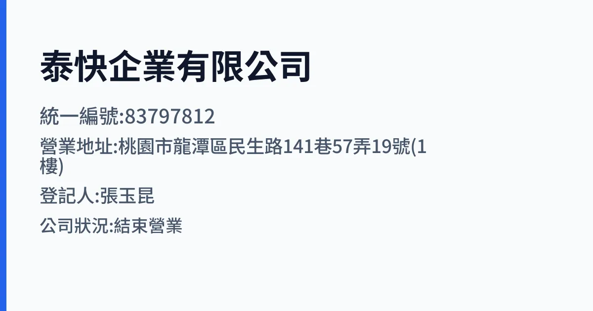 泰快企業有限公司 - 統編 83797812(桃園市) 公司登記資料與營業項目詳細圖表