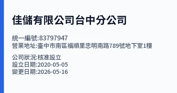 佳儲有限公司台中分公司的照片-統編 83797947(臺中市) 公司登記資料與營業項目詳細圖表