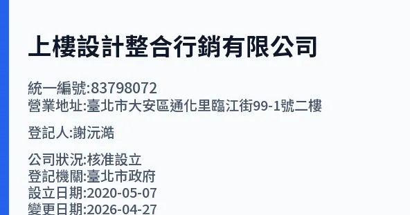 上樓設計整合行銷有限公司的照片-統編 83798072(臺北市) 公司登記資料與營業項目詳細圖表