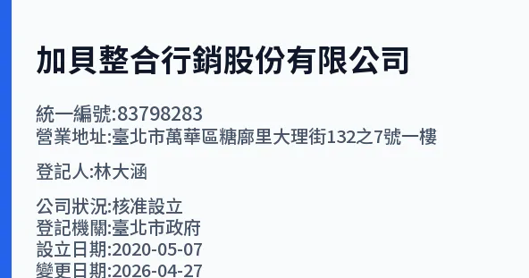加貝整合行銷股份有限公司的照片-統編 83798283(臺北市) 公司登記資料與營業項目詳細圖表