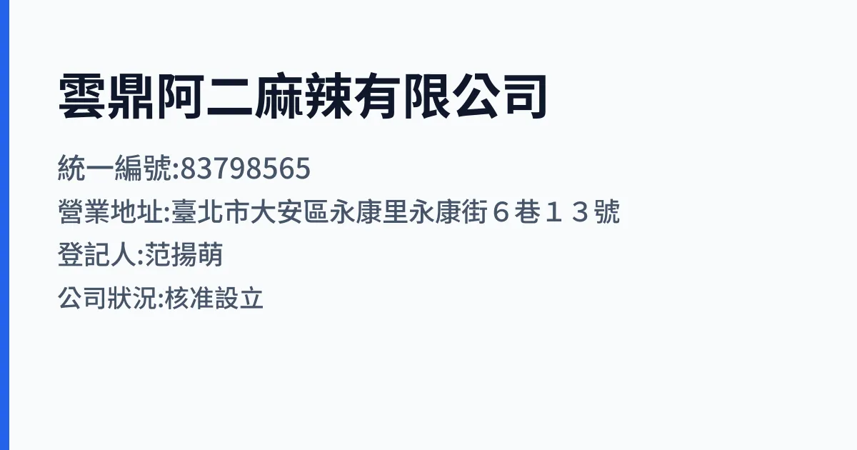 雲鼎阿二麻辣有限公司 - 統編 83798565(臺北市) 公司登記資料與營業項目詳細圖表
