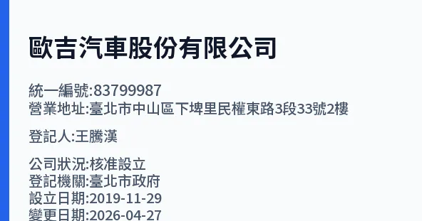 歐吉汽車股份有限公司的照片-統編 83799987(臺北市) 公司登記資料與營業項目詳細圖表