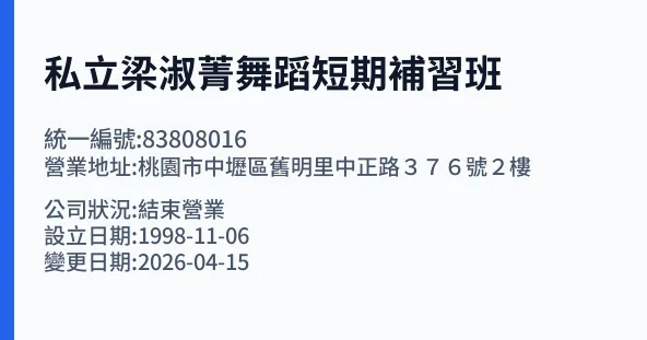 私立梁淑菁舞蹈短期補習班的照片-統編 83808016(桃園市) 公司登記資料與營業項目詳細圖表