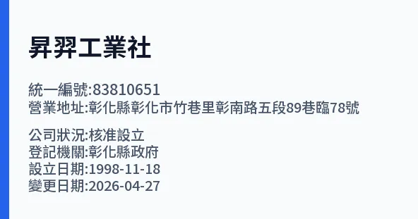 昇羿工業社的照片-統編 83810651(彰化縣) 公司登記資料與營業項目詳細圖表