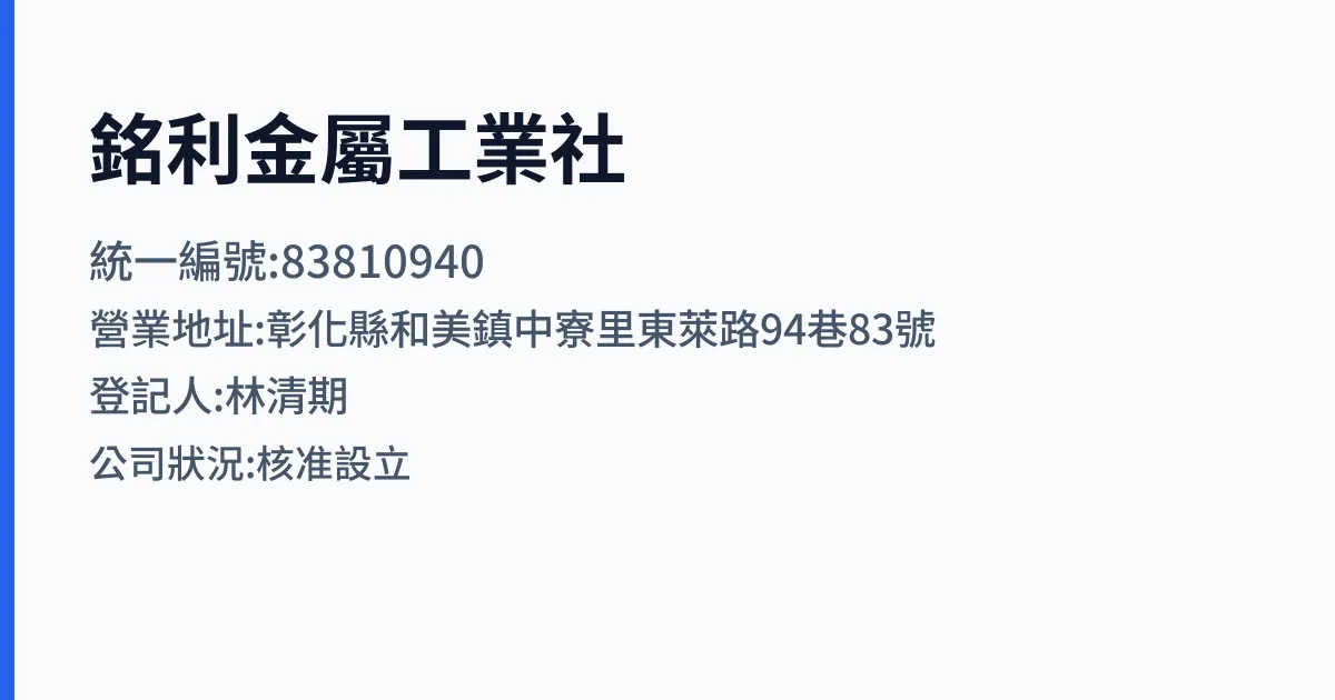 銘利金屬工業社 - 統編 83810940(彰化縣) 公司登記資料與營業項目詳細圖表