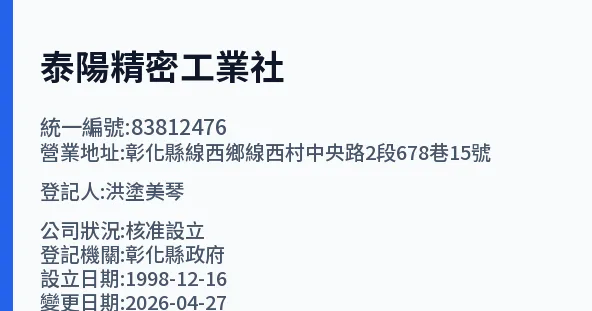 泰陽精密工業社的照片-統編 83812476(彰化縣) 公司登記資料與營業項目詳細圖表