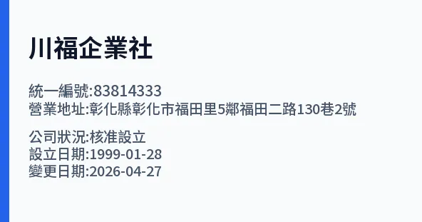 川福企業社的照片-統編 83814333(彰化縣) 公司登記資料與營業項目詳細圖表