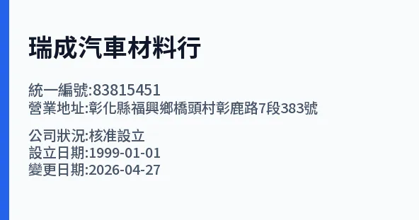 瑞成汽車材料行的照片-統編 83815451(彰化縣) 公司登記資料與營業項目詳細圖表