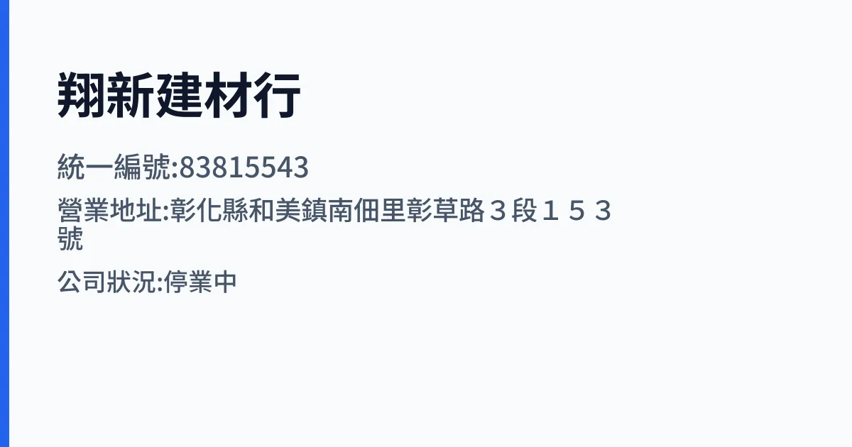 翔新建材行 - 統編 83815543(彰化縣) 公司登記資料與營業項目詳細圖表
