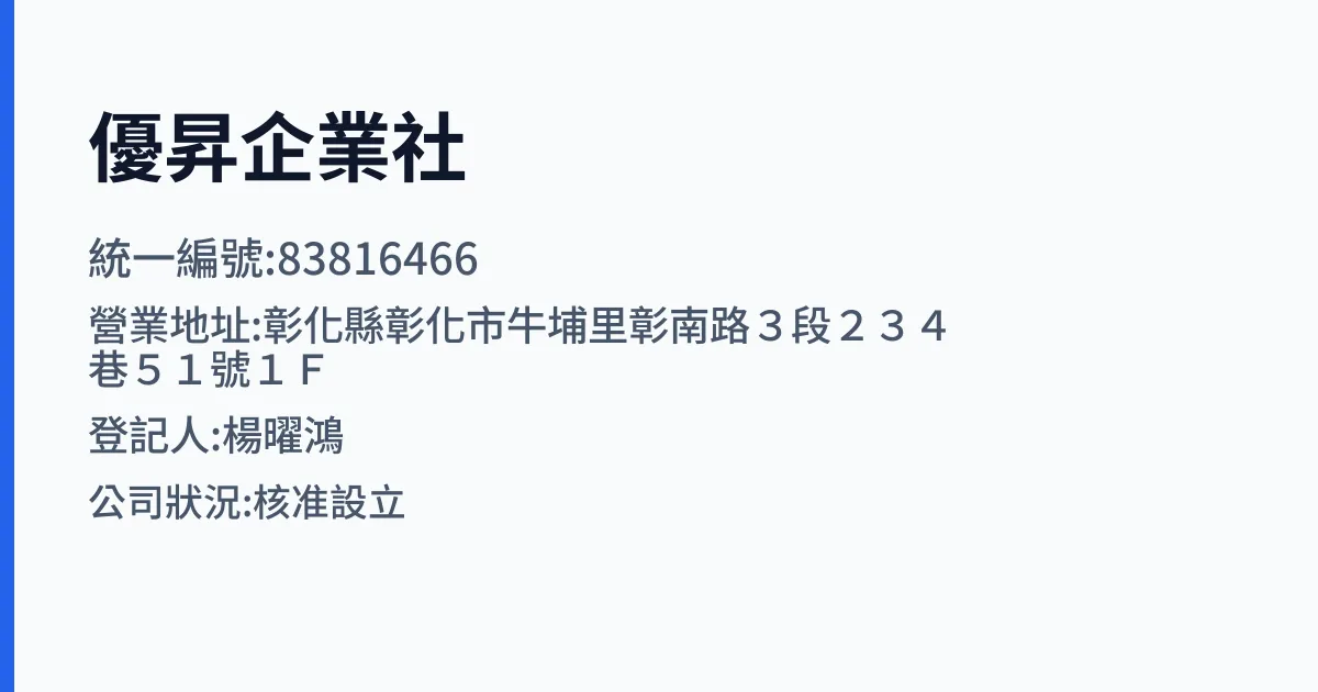 優昇企業社 - 統編 83816466(彰化縣) 公司登記資料與營業項目詳細圖表