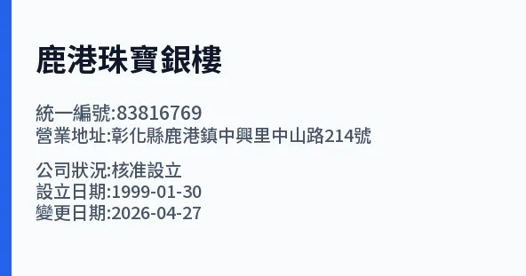 鹿港珠寶銀樓的照片-統編 83816769(彰化縣) 公司登記資料與營業項目詳細圖表