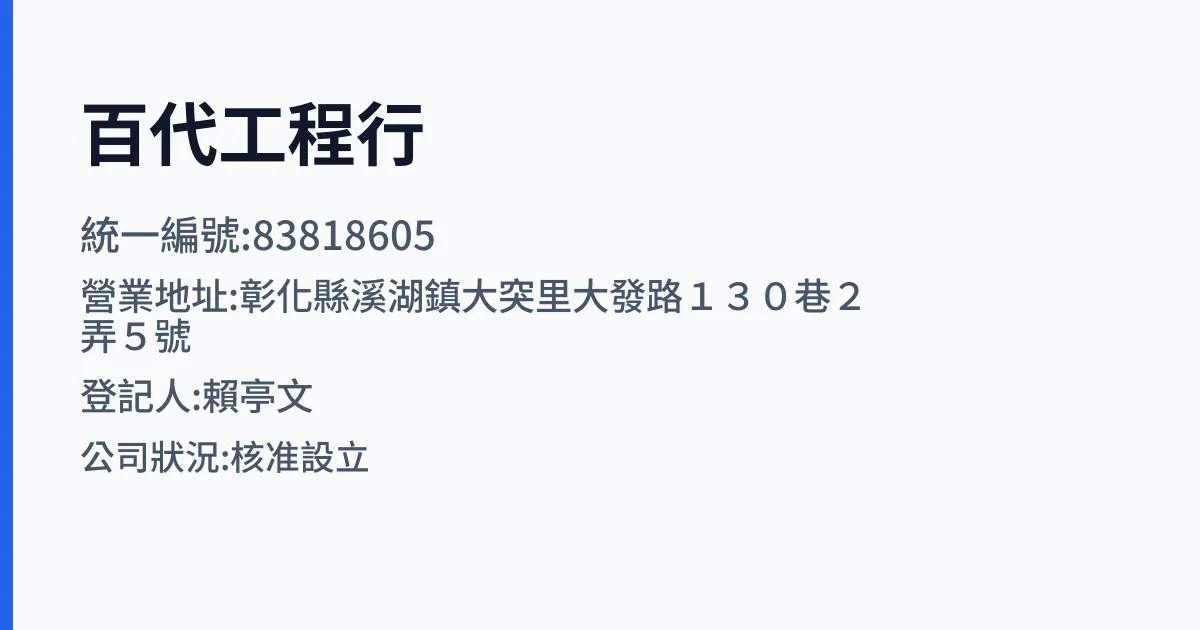 百代工程行 - 統編 83818605(彰化縣) 公司登記資料與營業項目詳細圖表