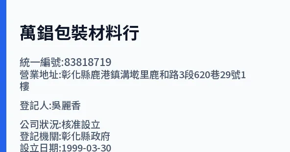 萬錩包裝材料行的照片-統編 83818719(彰化縣) 公司登記資料與營業項目詳細圖表