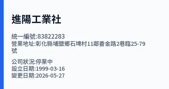 進陽工業社的照片-統編 83822283(彰化縣) 公司登記資料與營業項目詳細圖表