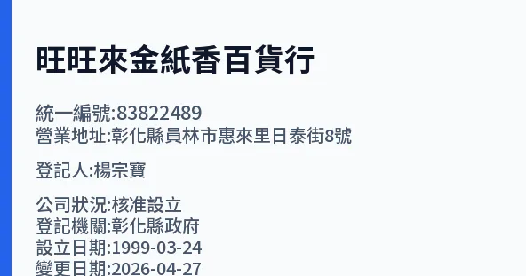 旺旺來金紙香百貨行的照片-統編 83822489(彰化縣) 公司登記資料與營業項目詳細圖表