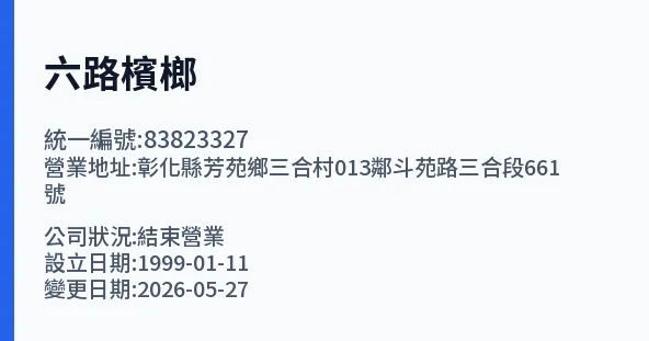 六路檳榔的照片-統編 83823327(彰化縣) 公司登記資料與營業項目詳細圖表