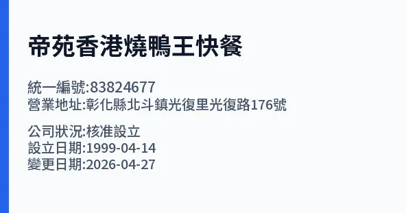 帝苑香港燒鴨王快餐的照片-統編 83824677(彰化縣) 公司登記資料與營業項目詳細圖表