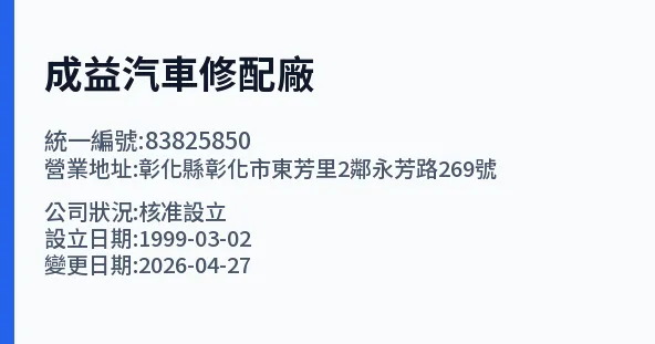 成益汽車修配廠的照片-統編 83825850(彰化縣) 公司登記資料與營業項目詳細圖表