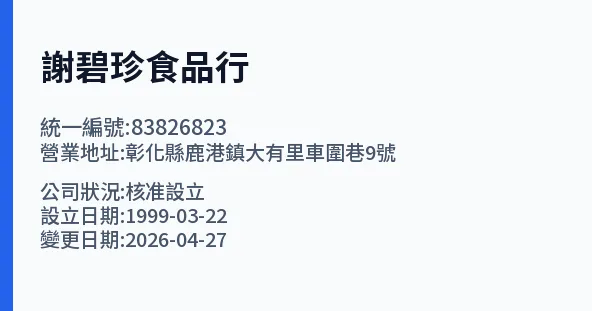 謝碧珍食品行的照片-統編 83826823(彰化縣) 公司登記資料與營業項目詳細圖表