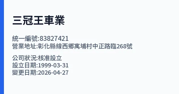 三冠王車業的照片-統編 83827421(彰化縣) 公司登記資料與營業項目詳細圖表