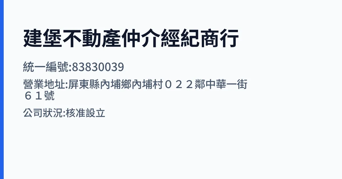 建堡不動產仲介經紀商行 - 統編 83830039(屏東縣) 公司登記資料與營業項目詳細圖表