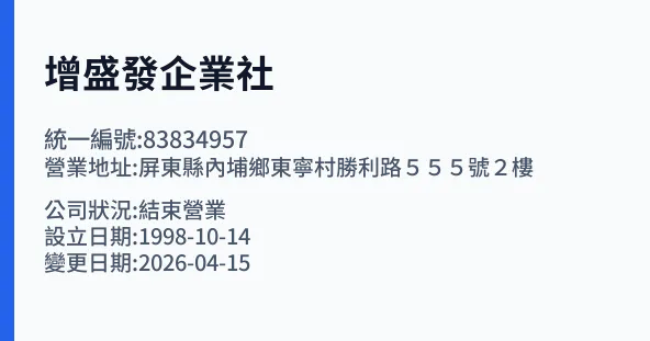 增盛發企業社的照片-統編 83834957(屏東縣) 公司登記資料與營業項目詳細圖表