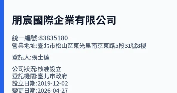 朋宸國際企業有限公司的照片-統編 83835180(臺北市) 公司登記資料與營業項目詳細圖表