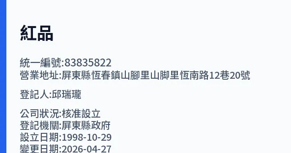 紅品的照片-統編 83835822(屏東縣) 公司登記資料與營業項目詳細圖表