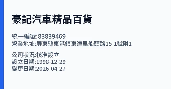 豪記汽車精品百貨的照片-統編 83839469(屏東縣) 公司登記資料與營業項目詳細圖表