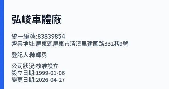 弘峻車體廠的照片-統編 83839854(屏東縣) 公司登記資料與營業項目詳細圖表