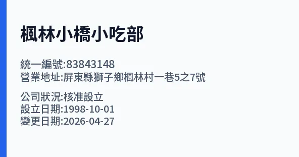 楓林小橋小吃部的照片-統編 83843148(屏東縣) 公司登記資料與營業項目詳細圖表