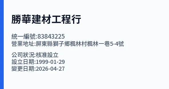 勝華建材工程行的照片-統編 83843225(屏東縣) 公司登記資料與營業項目詳細圖表