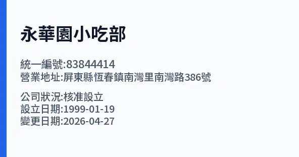 永華園小吃部的照片-統編 83844414(屏東縣) 公司登記資料與營業項目詳細圖表