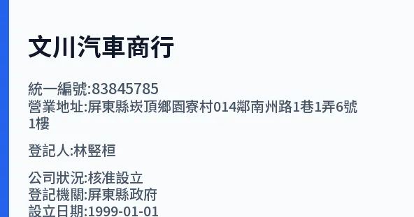 文川汽車商行的照片-統編 83845785(屏東縣) 公司登記資料與營業項目詳細圖表