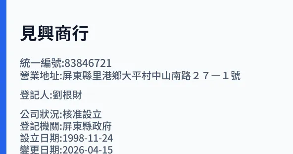 見興商行的照片-統編 83846721(屏東縣) 公司登記資料與營業項目詳細圖表