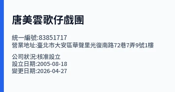唐美雲歌仔戲團的照片-統編 83851717(臺北市) 公司登記資料與營業項目詳細圖表