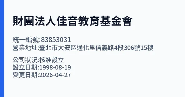 財團法人佳音教育基金會的照片-統編 83853031(臺北市) 公司登記資料與營業項目詳細圖表