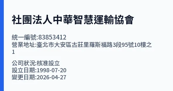 社團法人中華智慧運輸協會的照片-統編 83853412(臺北市) 公司登記資料與營業項目詳細圖表