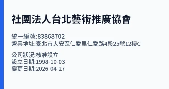 社團法人台北藝術推廣協會的照片-統編 83868702(臺北市) 公司登記資料與營業項目詳細圖表