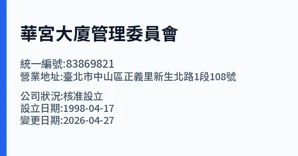 華宮大廈管理委員會的照片-統編 83869821(臺北市) 公司登記資料與營業項目詳細圖表