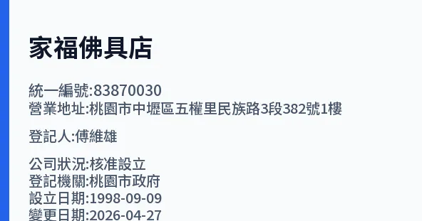 家福佛具店的照片-統編 83870030(桃園市) 公司登記資料與營業項目詳細圖表