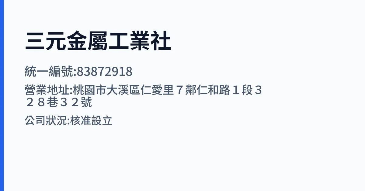 三元金屬工業社 - 統編 83872918(桃園市) 公司登記資料與營業項目詳細圖表