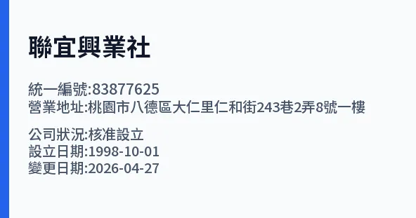 聯宜興業社的照片-統編 83877625(桃園市) 公司登記資料與營業項目詳細圖表