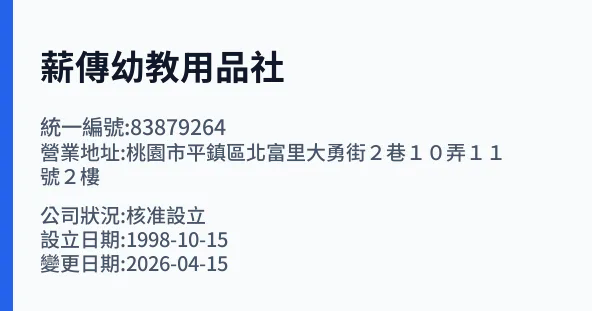 薪傳幼教用品社的照片-統編 83879264(桃園市) 公司登記資料與營業項目詳細圖表