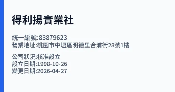 得利揚實業社的照片-統編 83879623(桃園市) 公司登記資料與營業項目詳細圖表