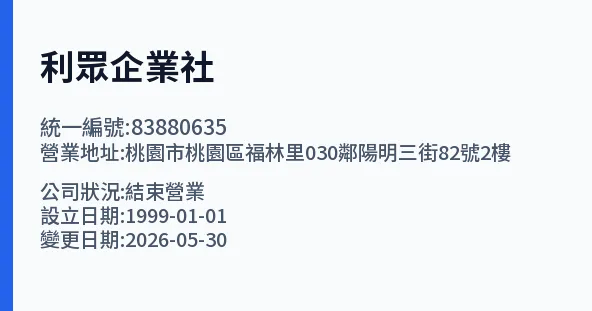 利眾企業社的照片-統編 83880635(桃園市) 公司登記資料與營業項目詳細圖表