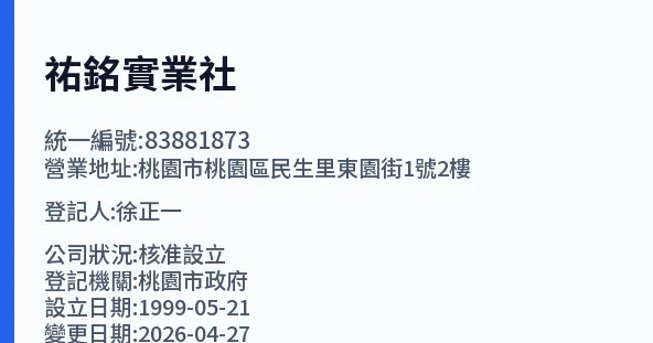 祐銘實業社的照片-統編 83881873(桃園市) 公司登記資料與營業項目詳細圖表